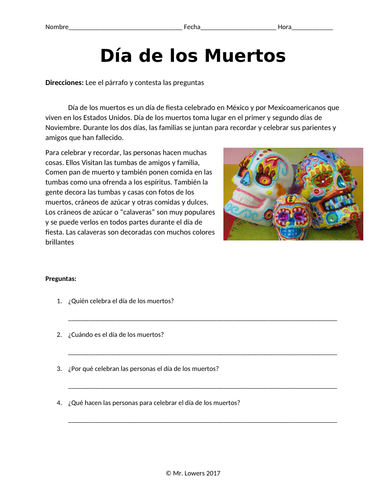 "Dia de Muertos" Day of the Dead Spanish 1 Cultural Reading Substitute ...