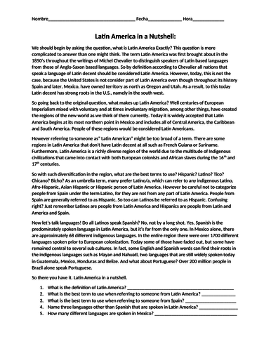 Spanish Cultural Reading: "Latin America in a Nutshell" + Map Labeling ...