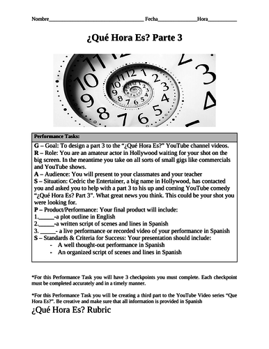 Performance Task Spanish Project Movie Script Group Film Skit Que hora ...