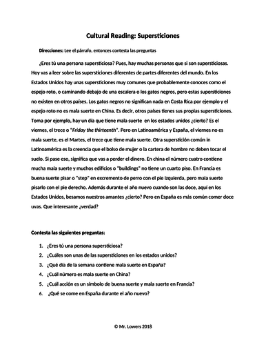 Spanish Cultural Reading Superstitions of the World No Prep Substitute ...