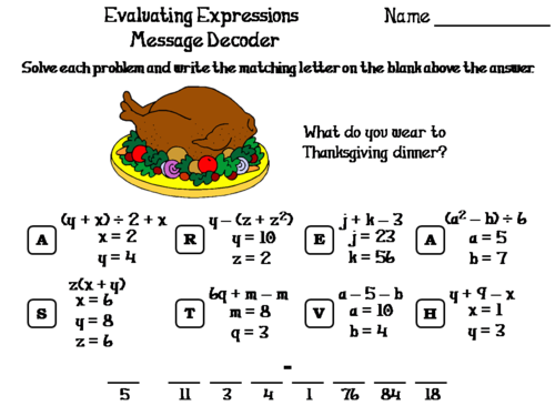 Evaluating Algebraic Expressions Thanksgiving Math Activity: Message ...