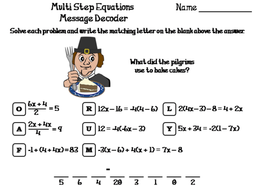 Solving Multi Step Equations Thanksgiving Math Activity: Message ...
