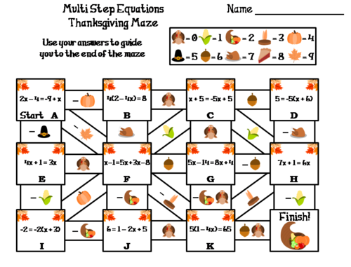 Solving Multi Step Equations Activity: Thanksgiving Math Maze ... Solving Multi Step Equations Activity: Thanksgiving Math Maze ...