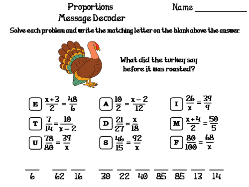 Solving Proportions Thanksgiving Math Activity: Message Decoder ...