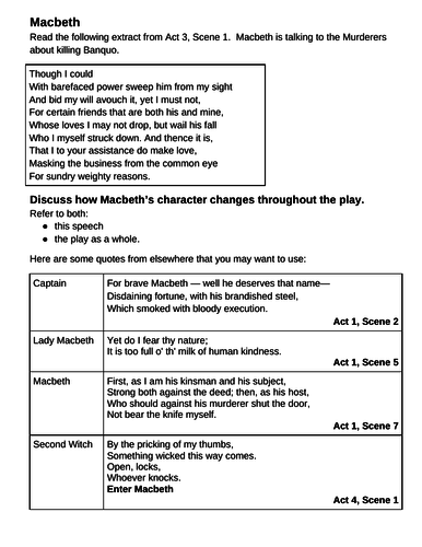 Macbeth Essay Question: How does Macbeth's character change? | Teaching ...