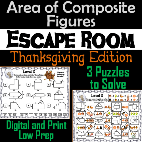 Area of Composite Figures Game: Escape Room Thanksgiving Math Activity ...
