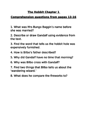 The Hobbit Comprehension Questions based on an extract from chapter 1 ...