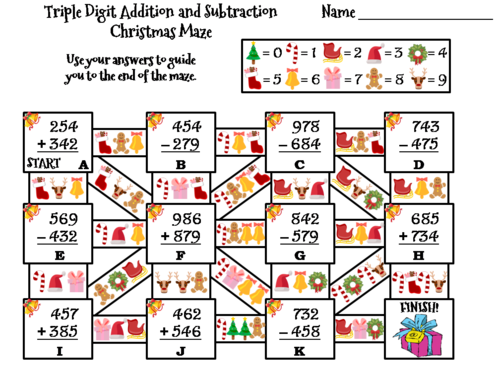 Triple Digit Addition and Subtraction Christmas Math Maze | Teaching ...