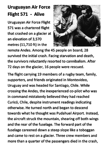 Uruguayan Air Force Flight 571 - Alive Handout | Teaching Resources