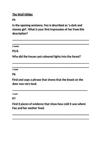 Wolf Wilder Comprehension Questions ch1 | Teaching Resources