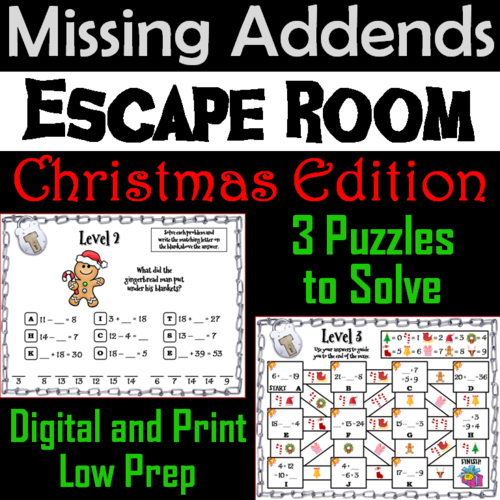 Missing Addends Addition and Subtraction Activity: Christmas Escape ...