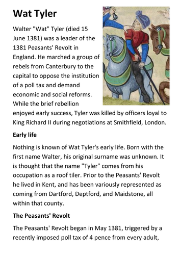 Wat Tyler Handout | Teaching Resources