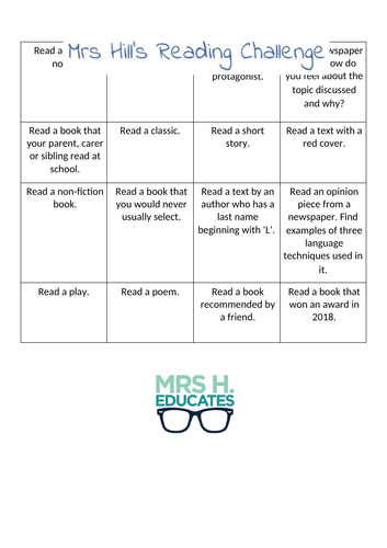 Reading Challenge Card | Teaching Resources