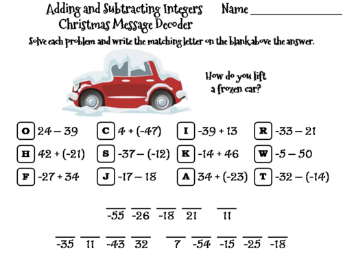 Adding and Subtracting Integers Christmas Math Activity: Message ...
