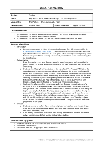 The Prelude (Wordsworth) for GCSE ~ Worksheets and lesson plans for 3 ...
