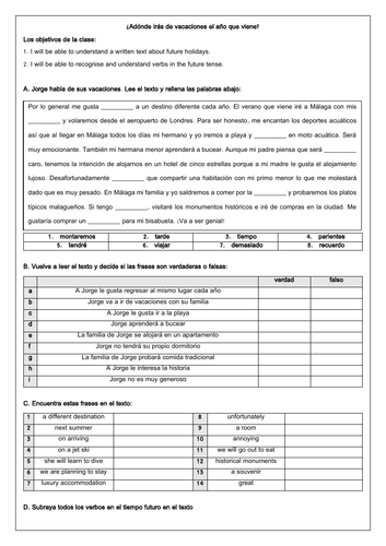 Spanish Holidays Future Tense Worksheet - las vacaciones GCSE ...