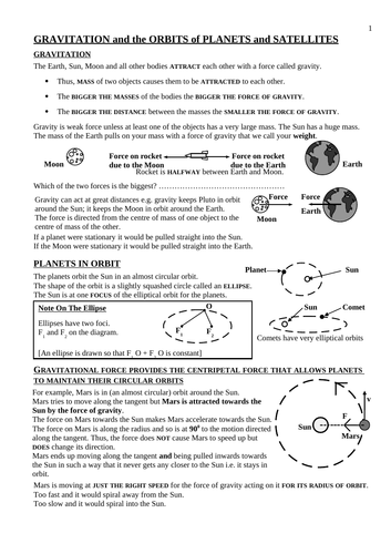 Gravity and the Orbits of Planets and Satellites Student Notes and ...