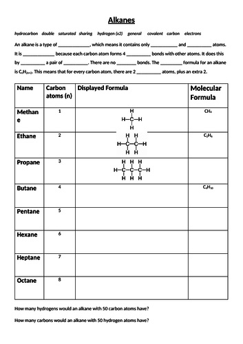 Alkanes (hydrocarbons) Worksheet (with Answers) | Teaching Resources