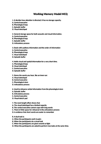 AQA A Level Psych - Memory (Working Memory Model) | Teaching Resources