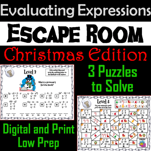 Evaluating Algebraic Expressions Game: Escape Room Christmas Math ...