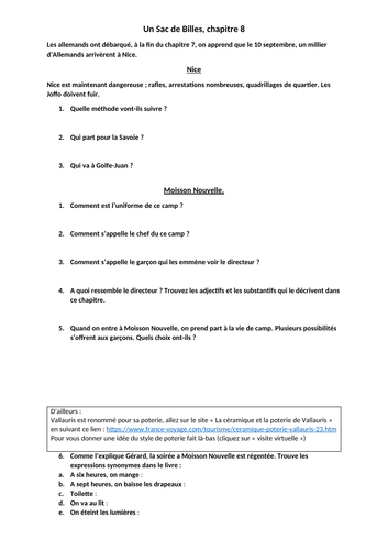 Questions on Un Sac de Billes, chapter 8 | Teaching Resources