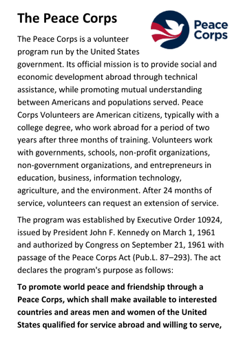 The Peace Corps Handout | Teaching Resources