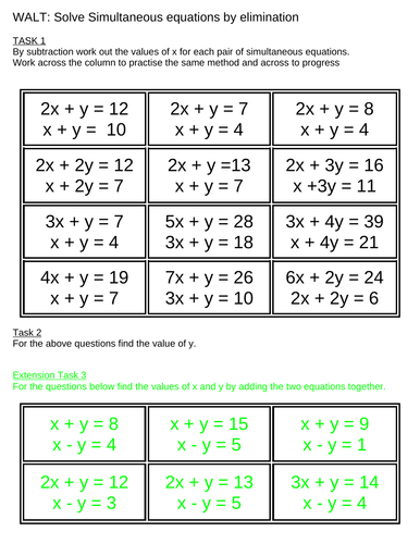 Solving Simultanous Equations by Elimination (Low Ability) | Teaching ...