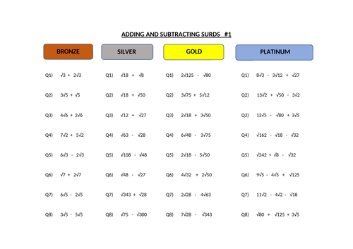 Surds - Adding and Subtracting BSGP levels | Teaching Resources Surds - Adding and Subtracting BSGP levels | Teaching Resources