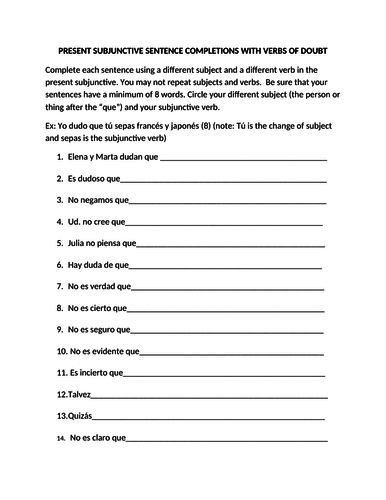 present subjunctive sentence completions with verbs of doubt | Teaching ...