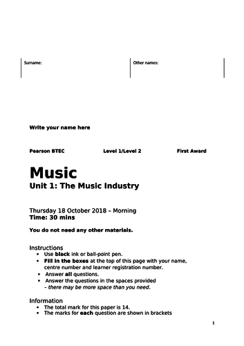 BTEC Music Unit 1 Assessment | Teaching Resources