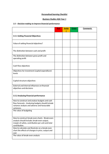 Financial Performance - Personalised Learning Checklist | Teaching ...