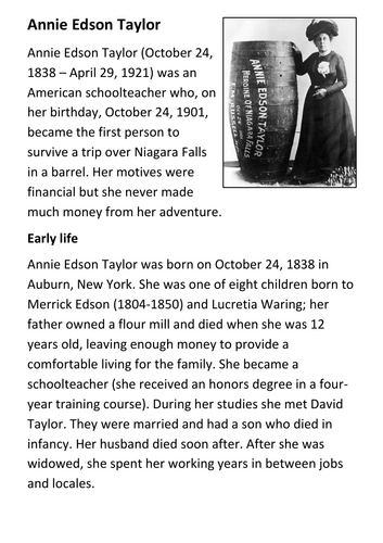 Annie Edson Taylor Handout | Teaching Resources