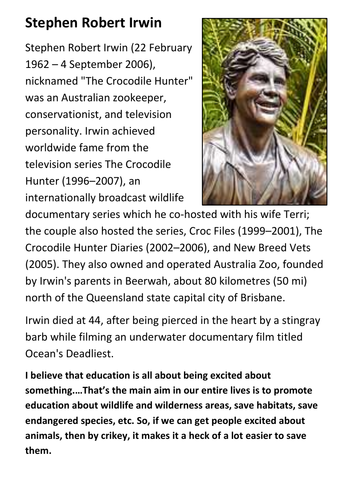 Steve Irwin Handout | Teaching Resources