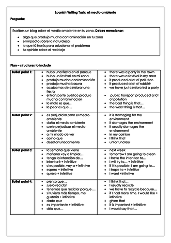 Spanish GCSE scaffolded writing task on the environment: el medio ...