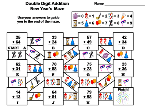 Double Digit Addition With and Without Regrouping New Year's Math Maze ...