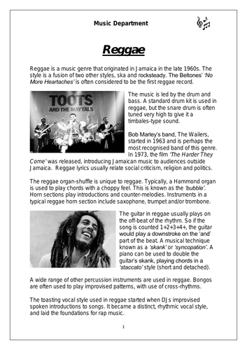 KS3 Music Cover Resource – Reggae worksheet (for middle sets ...