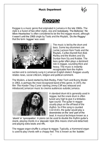 KS3 Music Cover Resource - Reggae worksheet | Teaching Resources