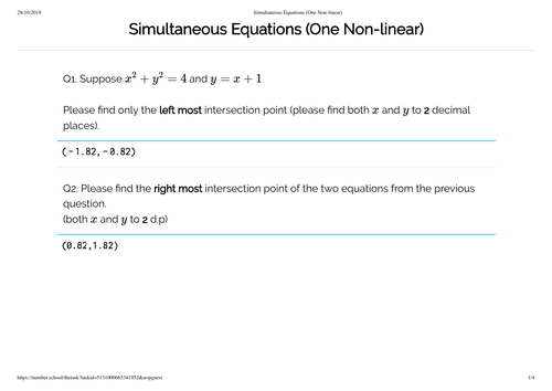 Simultaneous Equations (One non-linear) GCSE grades 7-9 | Teaching ...