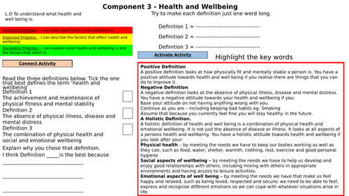 Health and well being lesson Component 3 BTEC H&SC | Teaching Resources
