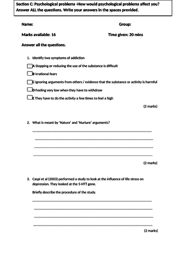 Edexcel 9-1 Psychology Topic 3 Psychological problems end of unit test ...