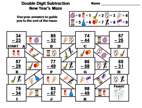 Double Digit Subtraction New Year's Math Maze | Teaching Resources