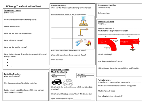 Exploring Science 8K Energy Transfers Revision sheet | Teaching Resources