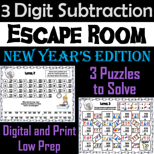 Triple Digit Subtraction With and Without Regrouping: New Year's Escape ...