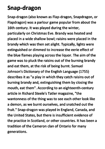 Snap-dragon Game Handout | Teaching Resources