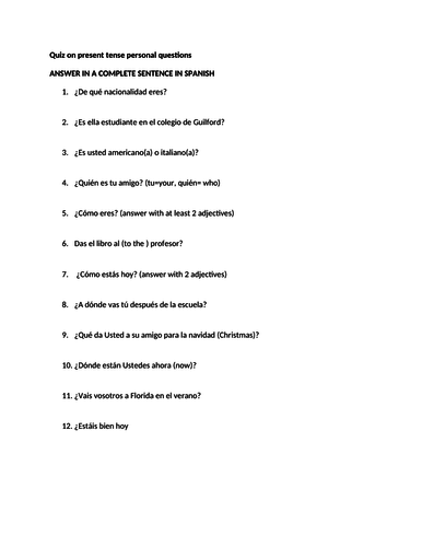 Quiz present tense personal questions | Teaching Resources