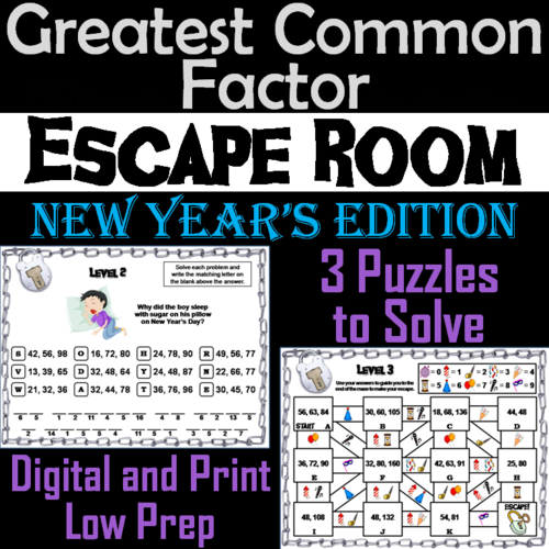 New Year's Escape Room Math: Greatest Common Factor Game 4th 5th 6th ...