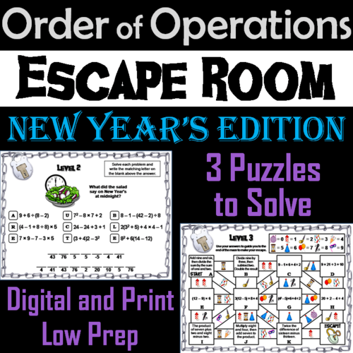 New Year's Escape Room Math: Order of Operations Game (4th 5th 6th 7th ...