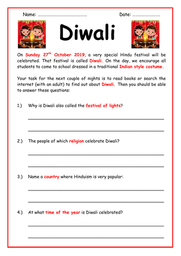 Diwali - Homework Activity | Teaching Resources