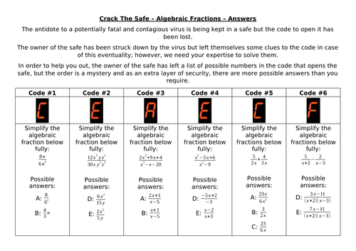 Crack The Safe Algebraic Fractions Teaching Resources