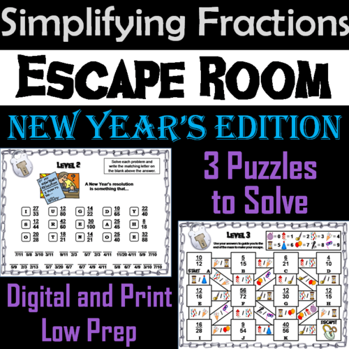 New Year's Escape Room Math: Simplifying Fractions Game; 4th 5th 6th ...